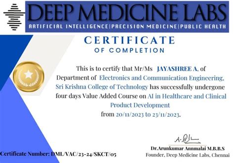 Completed A Value Added Course On Ai In Healthcare And Clinical Product