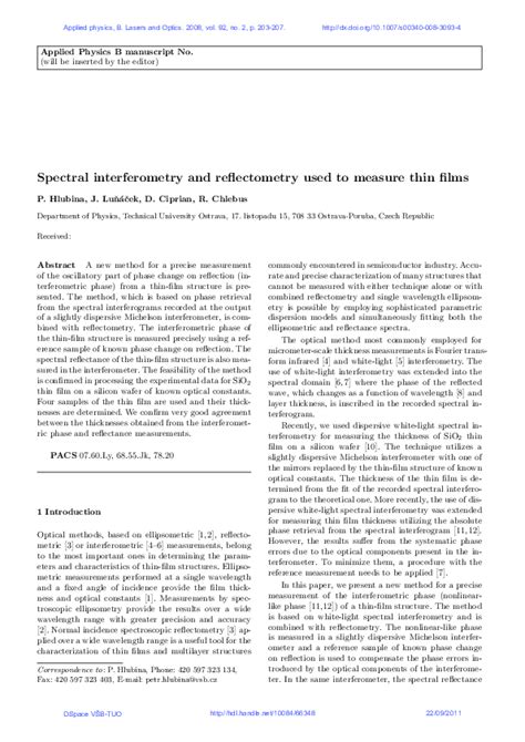 Pdf Spectral Interferometry And Reflectometry Used To Measure Thin Films
