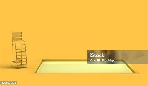 파스텔 노란색 배경에 수영장이있는 인명 구조 의자 여름과 휴가 개념 3d 일러스트레이션 수영장 스포츠 경기장에 대한 스톡 사진