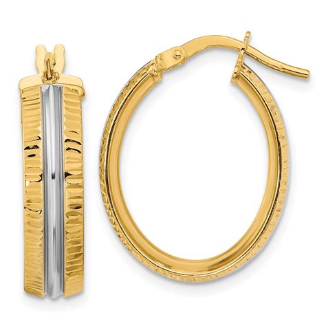 14k With White Rhodium Center Polished Oval Hoop Earrings The Gold Store