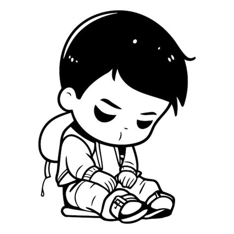 Милый маленький мальчик сидит и плачет в стиле мультфильма Премиум векторы