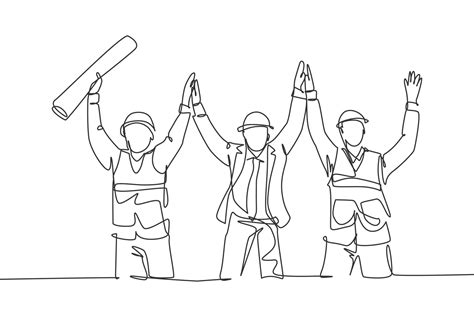 Single Line Drawing Of Construction Worker And Foreman Celebrate Their Successive Build The