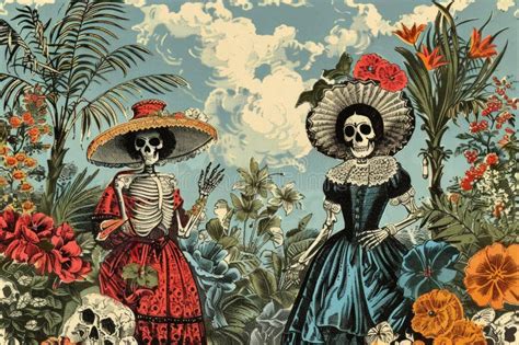 Two Skeletons Dressed In Traditional Mexican Attire Standing In A Lush