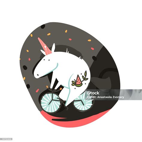 손으로 그린된 벡터 그래픽 창작 만화 일러스트 포스터를 추상화 또는 자전거 혜성과 흰색 추상적인 배경에 고립 된 우주에서 행성을 타고 구식 문신된 유니콘 인쇄 0명에 대한