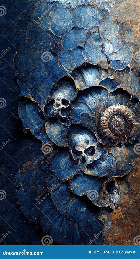 Fossilized Ammonite Sea Shell Spirals Embedded Into Dark Cobalt Blue