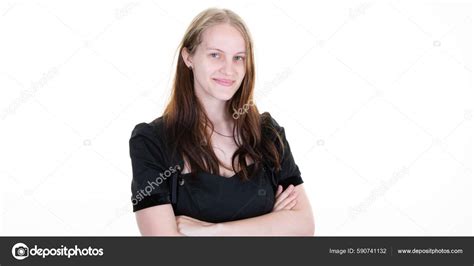 Young Blonde Woman Arms Crossed Chest Black Blouse White Background