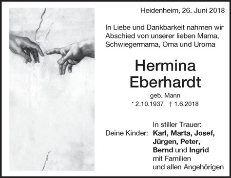 Traueranzeigen Von Hermina Eberhardt Trauer Hz De