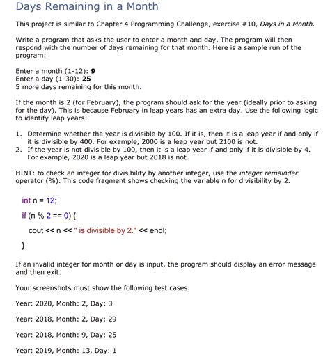 Solved Days Remaining In A Month This Project Is Similar To