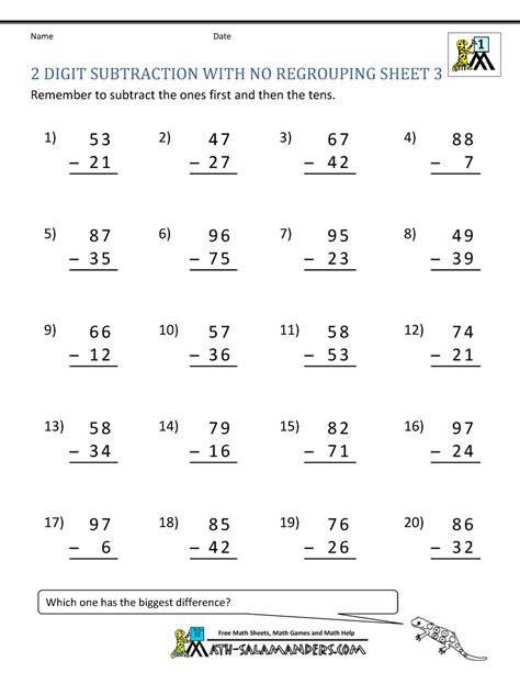 two digit subtraction without regrouping