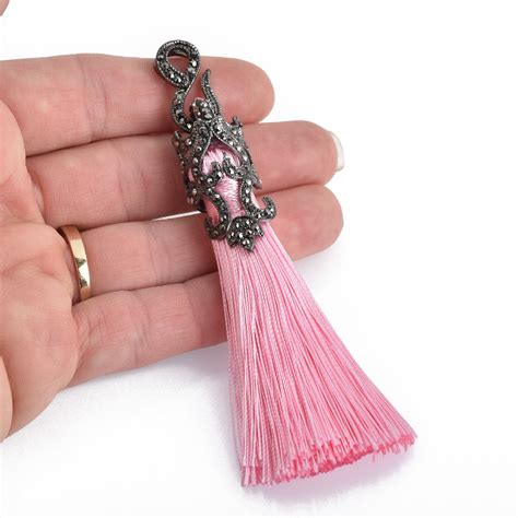 Light Pink Tassel Pendant With Gunmetal Filigree Jeweled Topper 4 Lon