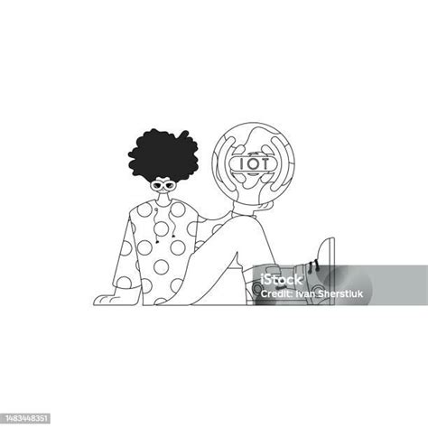 벡터 선형 설계에서 Iot 로고를 들고 있는 남자의 그림 남자에 대한 스톡 벡터 아트 및 기타 이미지 남자 남자들만 낱말