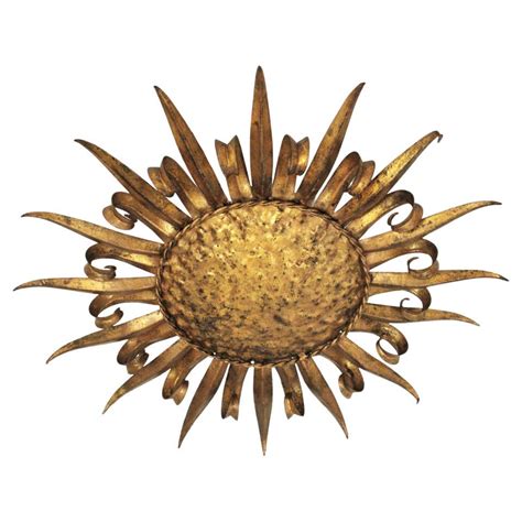 Sunburst Flower Light Fixture Wall Sconce In Gilt Wrought Iron For