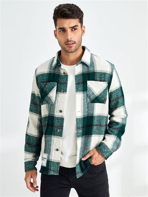 Manfinity Homme Abrigo Holgado Con Estampado De Cuadros Para Hombre Con Parche De Letras Y