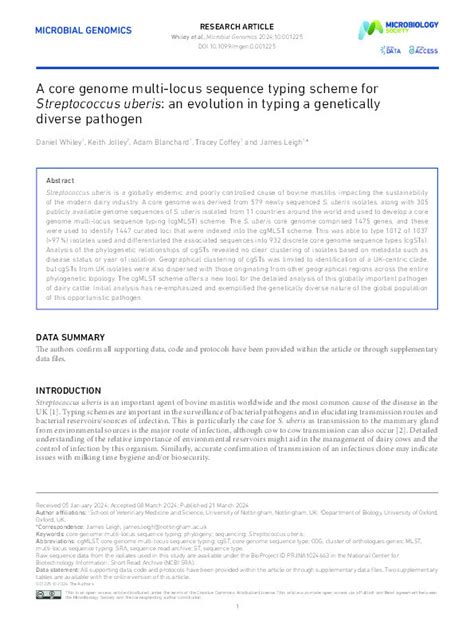 A Core Genome Multi Locus Sequence Typing Scheme For Streptococcus Uberis An Evolution In