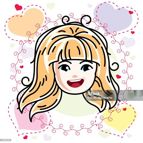 백색 인종 종류 여자 얼굴 긍정적인 감정을 벡터 인간의 머리 그림 표현입니다 세련 된 머리와 아름 다운 금발 아이입니다 감정에