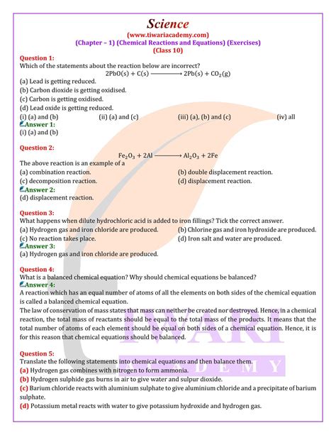 NCERT Solutions For Class 10 Science Chapter 1 Chemical Reactions And