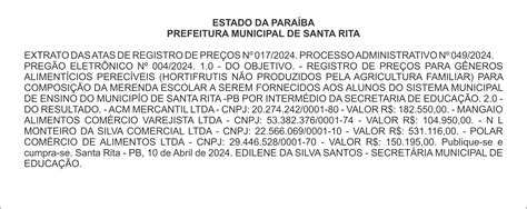 PREFEITURA MUNICIPAL DE SANTA RITA EXTRATO DAS ATAS DE REGISTRO DE PREÇOS Nº Portal