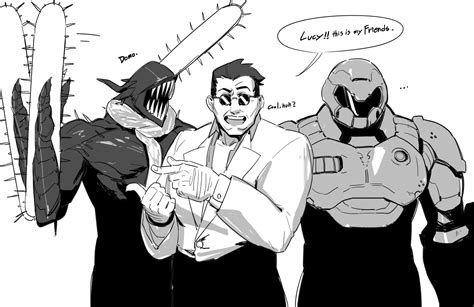 Denji Helltaker And Doomguy Chainsaw Man And 2 More Drawn By Hong