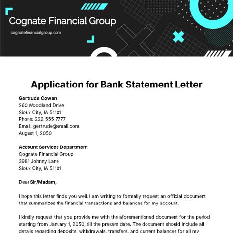 Free Application For Bank Statement Letter Template To Edit Online