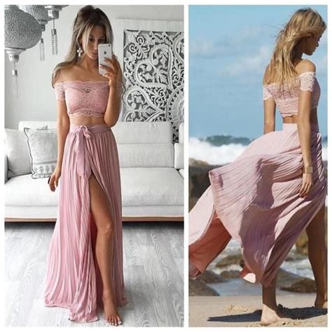 Two Piece Sexy Off The Shoulder Lace Long Prom Dress Evening Dress