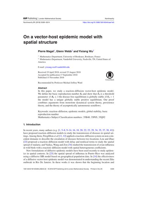 On A Vector Host Epidemic Model With Spatial Structure Request Pdf