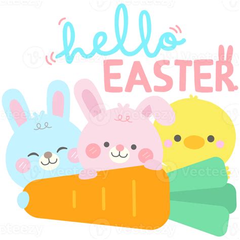 Hello Spring Easter Little Bunnies And Chick Hides Behind Giant Carrot