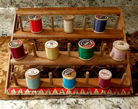 Vintage Primitive Folding Thread Spool Holder 3 Tier Measuring Ruler