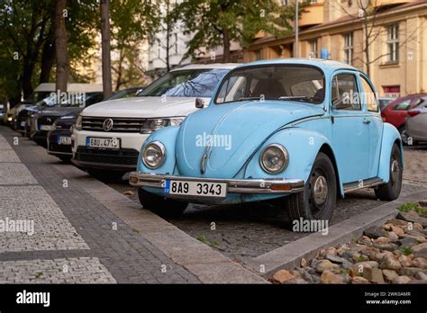 Front View Of Vintage Light Blue Volkswagen Vw Beetle Car Parked On The