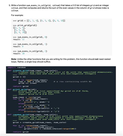 Solved Write A Function Sum Evens In Col Grid Colnum Chegg