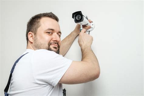 Premium Photo Professional CCTV Technician Working Man Installing Surveillance Ip Camera For