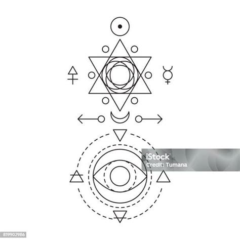 煉金術和神聖幾何學的象徵線條紋身白色孤立背景上的線性特徵圖三個素數 精神 靈魂 身體和 4 個基本元素 土 水 空氣 火向量圖形及更多神聖幾何