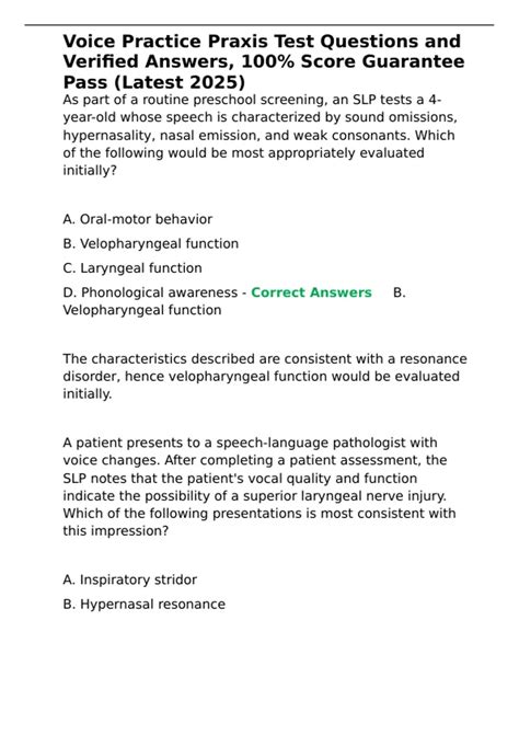 Voice Practice Praxis Test Questions And Verified Answers 100 Score