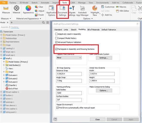 Where Is The Section Participation Option For Assemblies In Inventor