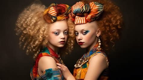 Premium Ai Image Fashion Model Twins In Fantasy Doll Makeup And Colorful Royal Costumes Red