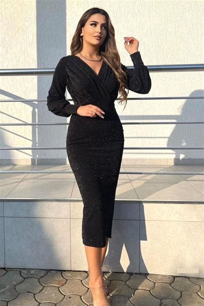Kruvaze Yaka Simli Kalem Elbise Siyah Mossta