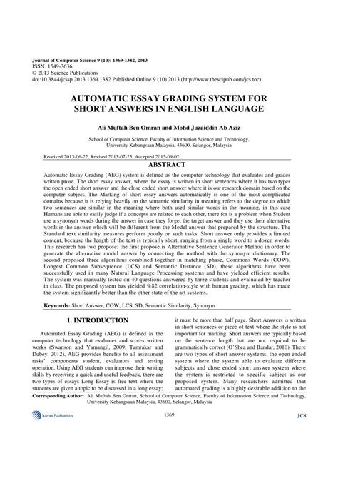 Pdf Automatic Essay Grading System For Short Answers In English Language