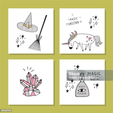 귀여운 마법 카드입니다 만화 컬렉션 Handdrawn 마법의 요소와 흰색 절연 글자입니다 벡터 일러스트입니다 거미에 대한 스톡