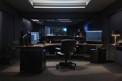 Premium Photo A Dark Room With A Computer Desk And A Large Monitor