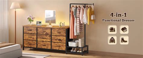 Fabric Dresser With Hanging Rack And Extendable Garment Rodbedroom Dres