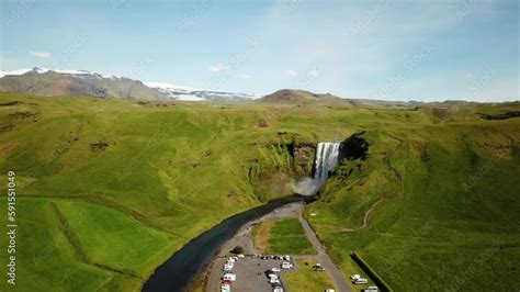 Stockvideon 4k Aerial Drone Footage Of Skogafoss Waterfall With A