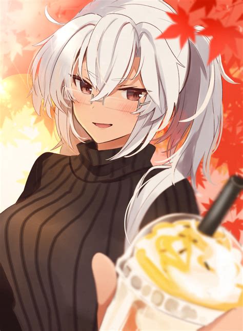 Safebooru 1girl Alternate Costume Autumn Leaves Bangs Black Sweater