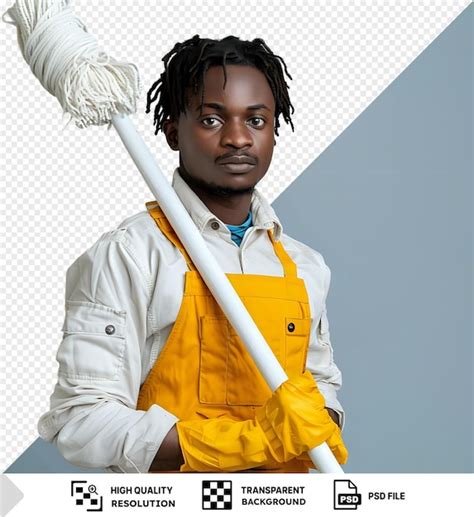 Premium Psd Amazing Confused Holding Mop Young Africanamerican Cleaner Male Uniform With