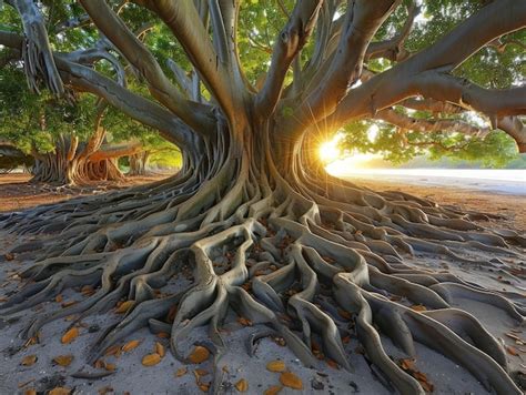 Majestic Tree Roots At Sunset Premium Ai Generated Image