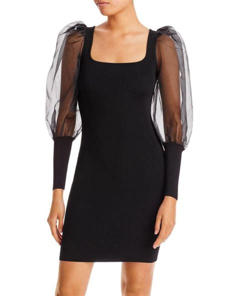 Alice Olivia Synthetic Abella Mesh Puff Sleeve Dress In Black Lyst