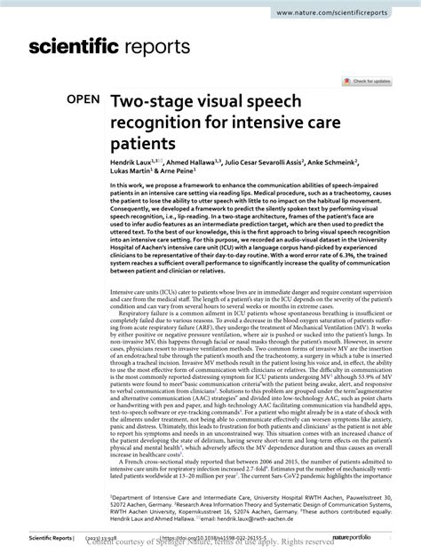Pdf Two Stage Visual Speech Recognition For Intensive Care Patients
