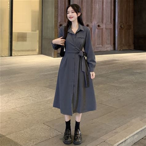 진회색검정 가을 단정한 데일리 카라 단추 퍼프 긴팔 단색 리본 롱 원피스 기획전