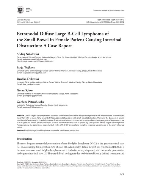 Pdf Extranodal Diffuse Large B Cell Lymphoma Of The Small Bowel In Female Patient Causing
