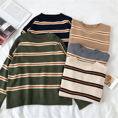 Stripe Sweaters Women Loose Oversize Korean Style Pullover Top Autumn