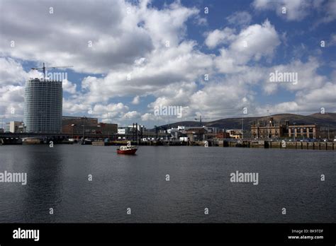 River Lagan Waterfront With New Obel Tower Under Construction Belfast