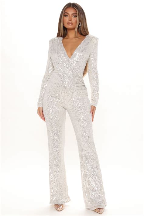 Available In Black Silver And Hunter Sequin Jumpsuit Long Sleeve Shoulder Pad Wrap Cowl Top